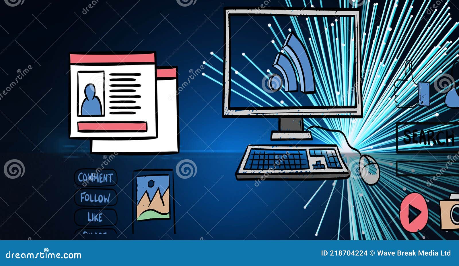 Composition of Digital Icons Over Light Trails Stock Illustration ...