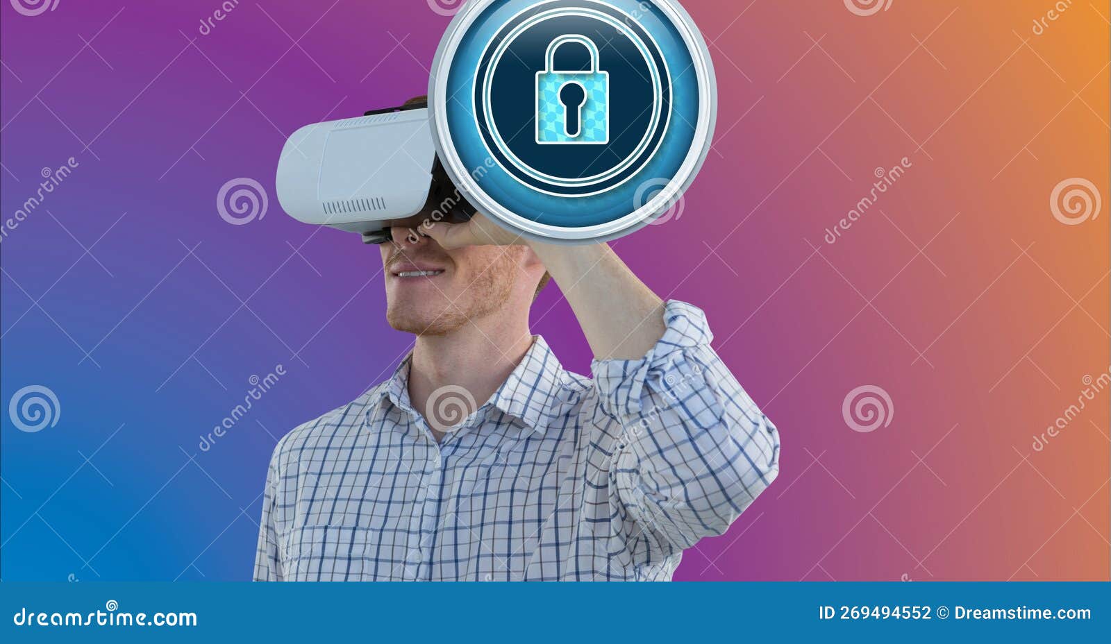 Composition of Digital Padlock Icon with Business Man Wearing Vr ...