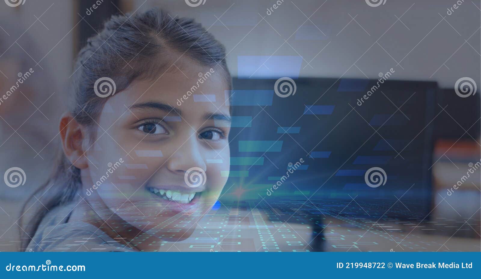 Composition of Digital Screens Over Happy School Girl Using Computer ...