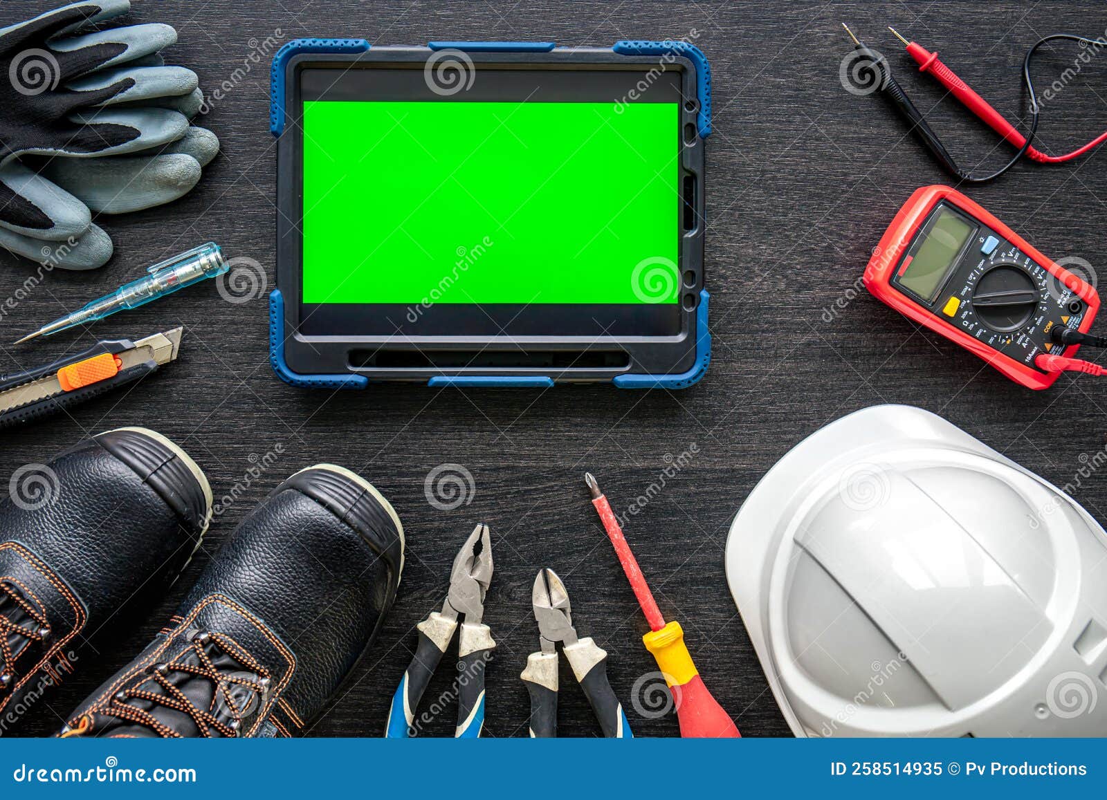 Composition with Digital Tablet and Electrician Work Items. Stock Image ...