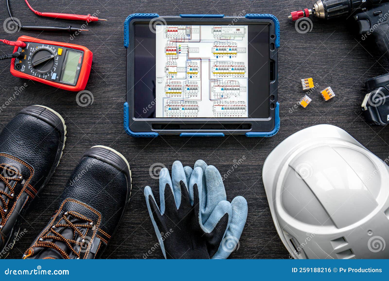 Composition with Digital Tablet and Electrician Work Items. Stock Photo ...