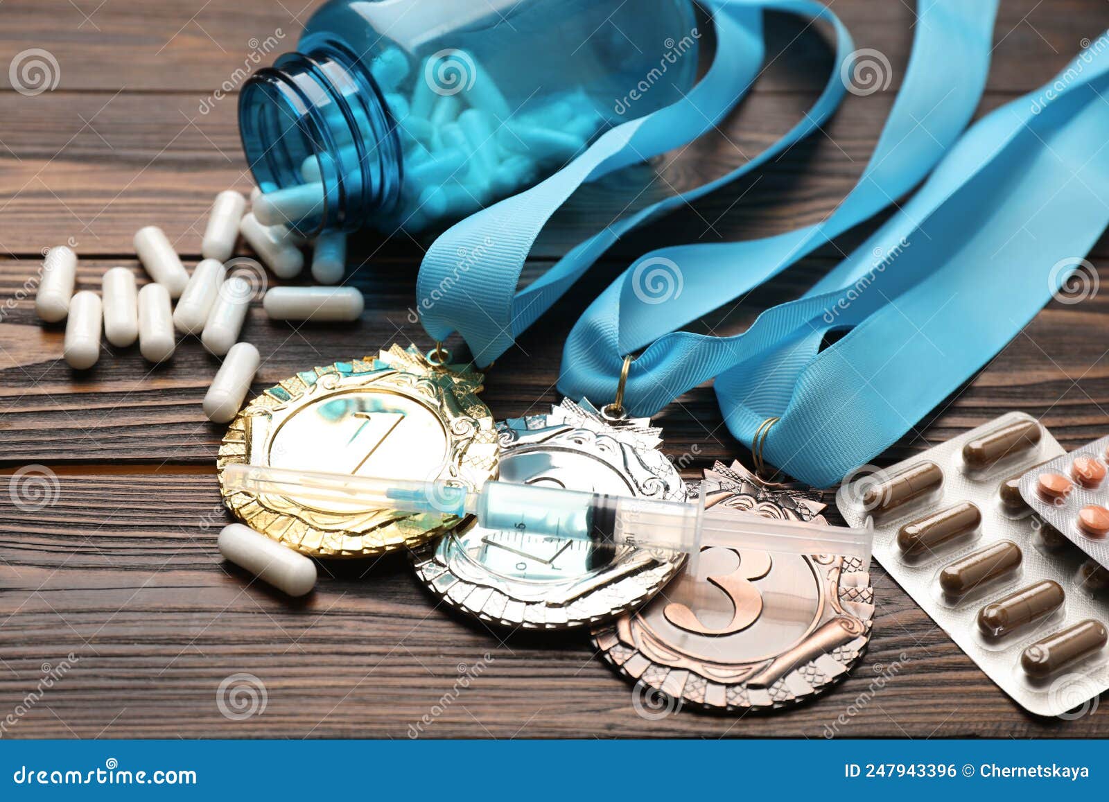 Composition with Drugs on Wooden Table. Doping Control Stock Photo ...