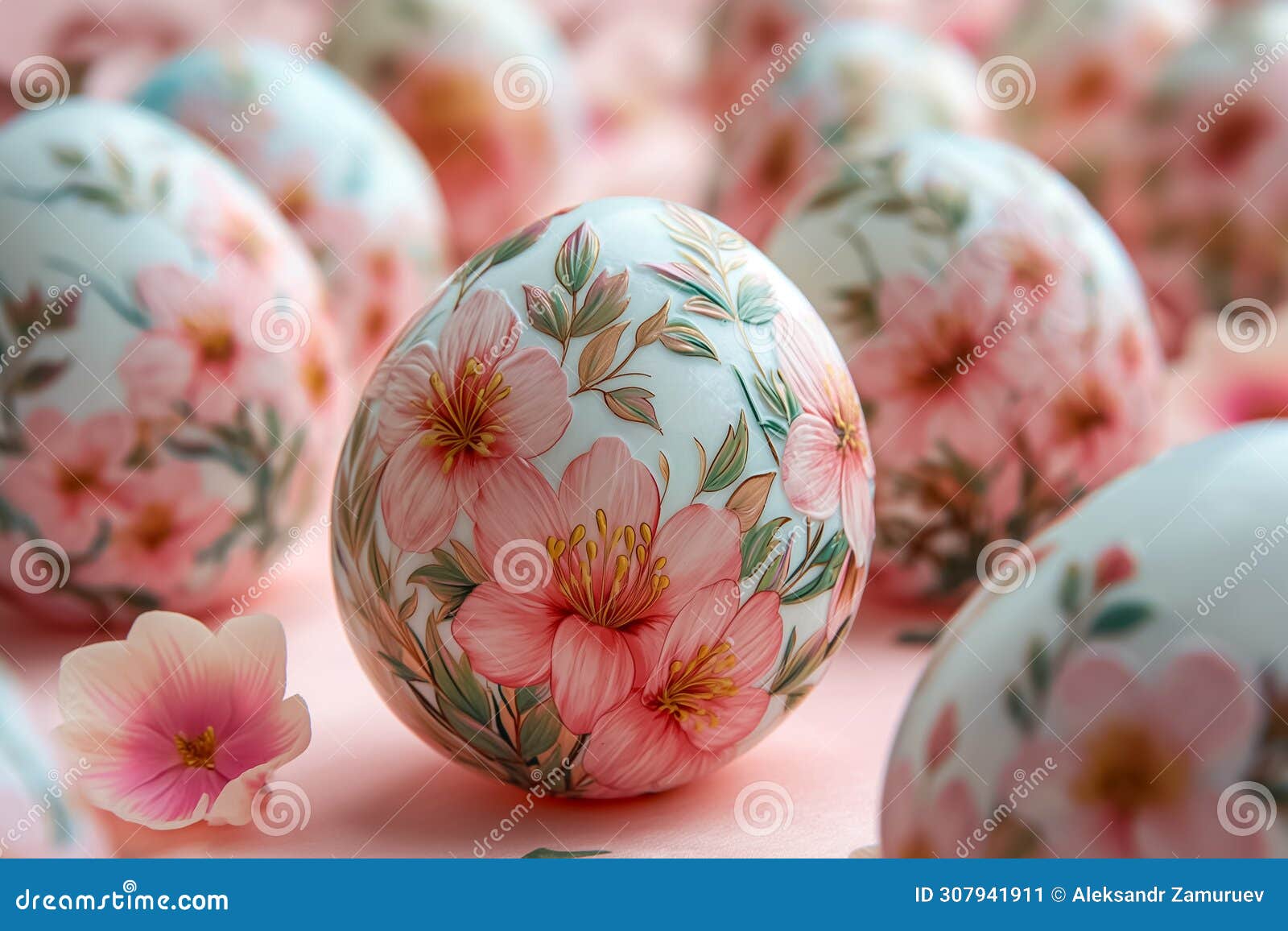 Composition from Easter Eggs with Flower Pattern and Spring Flowers on ...