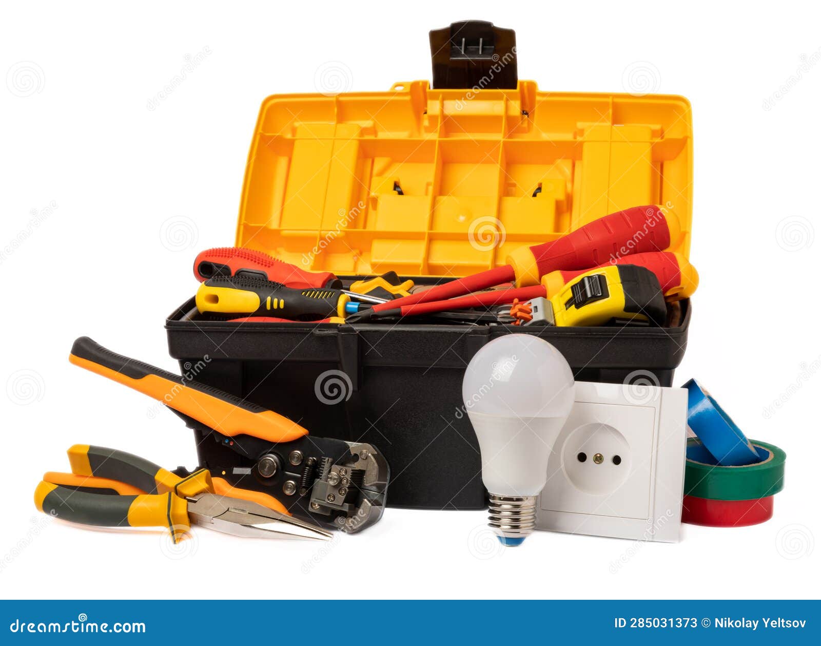 Composition with Electrician Tools and Accessories Isolated on White ...