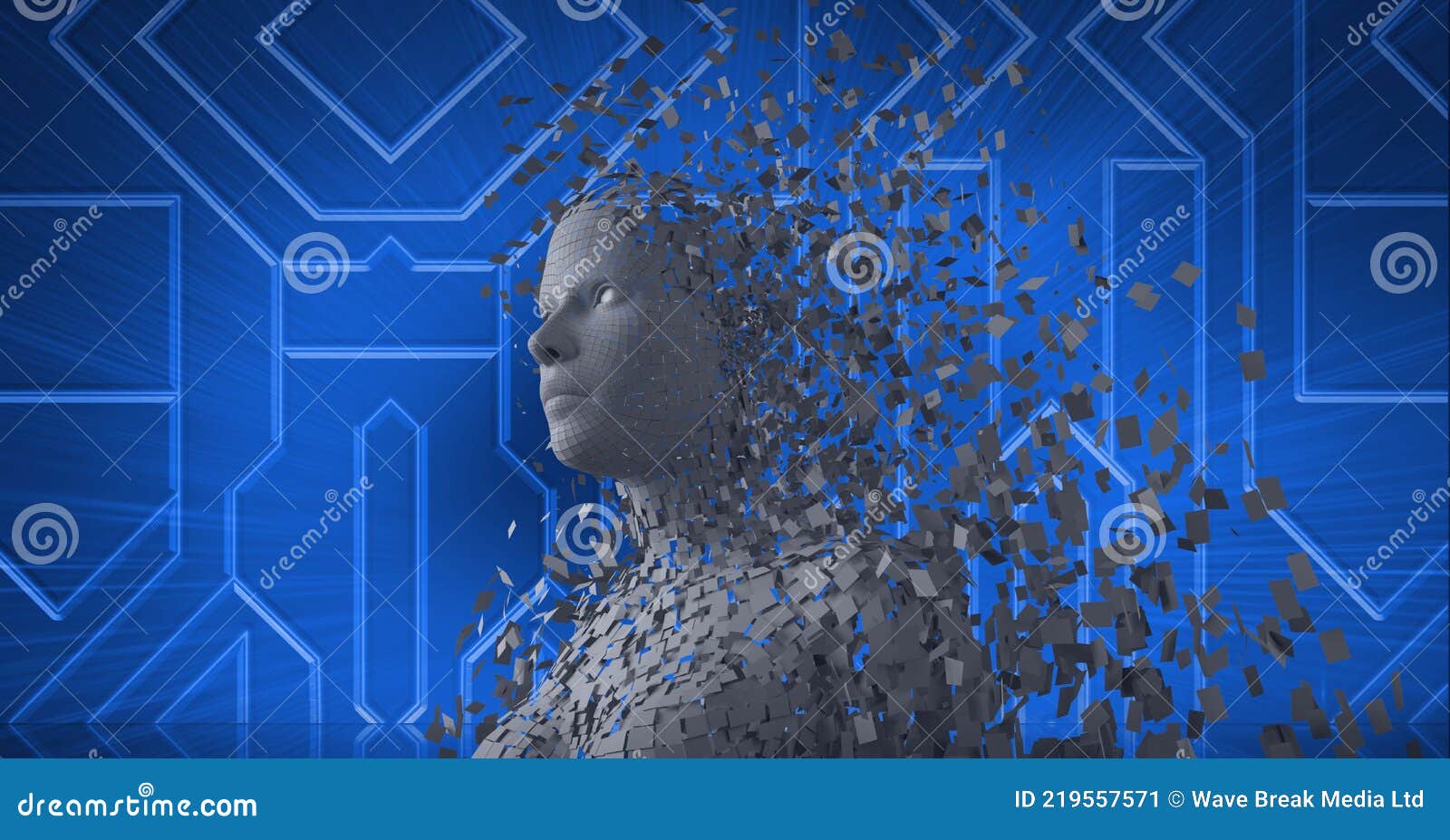 Composition of Exploding Human Bust Formed with Grey Particles and Blue ...
