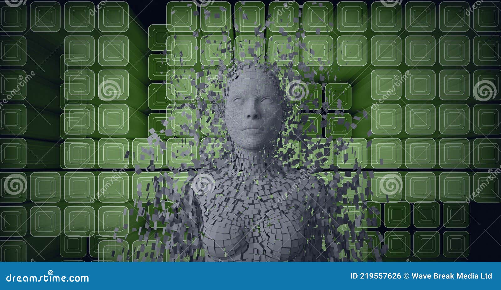 Composition of Exploding Human Bust Formed with Grey Particles and ...