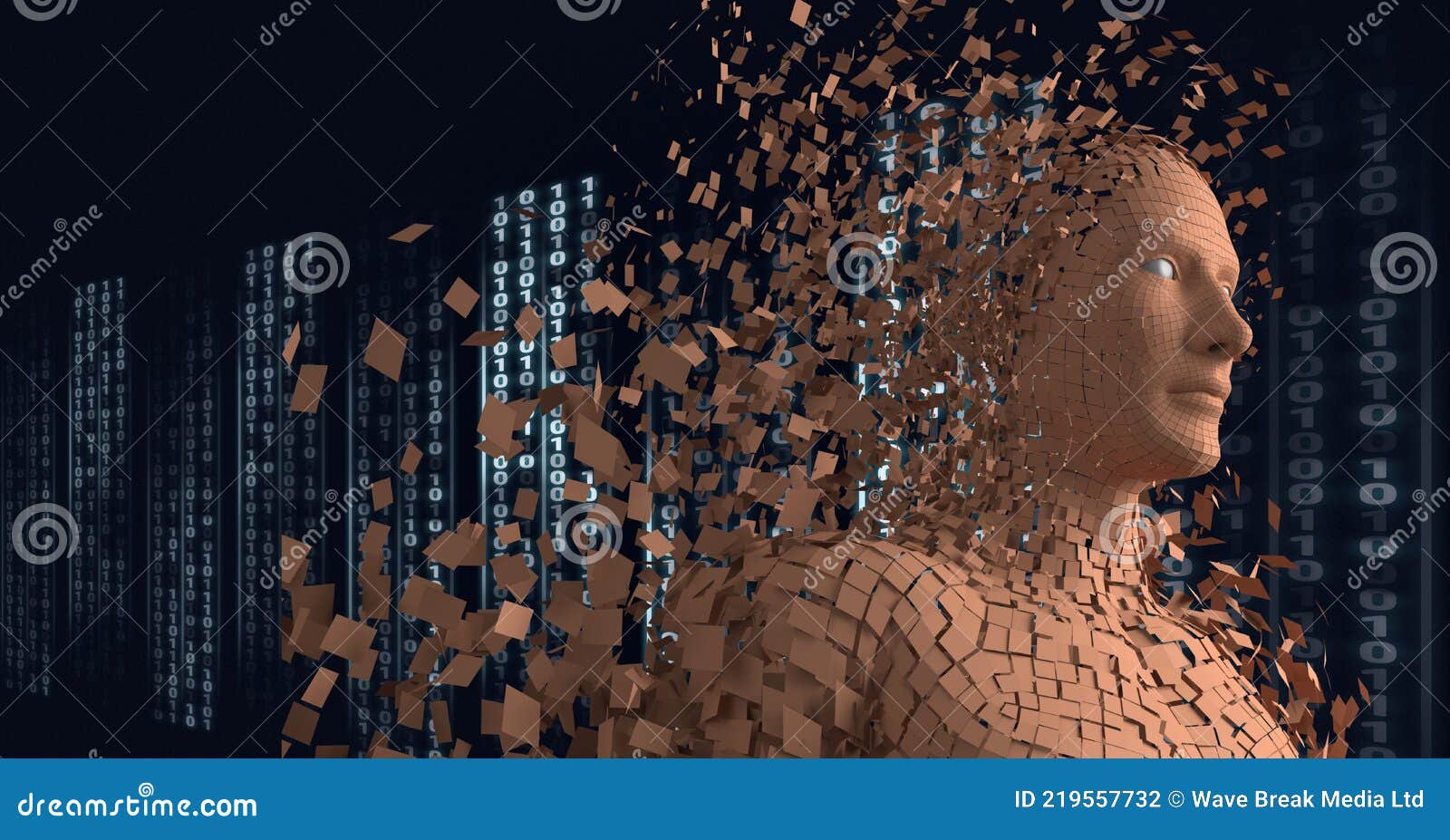 Composition of Exploding Human Bust Formed with Orange Particles and Binary Coding Stock ...