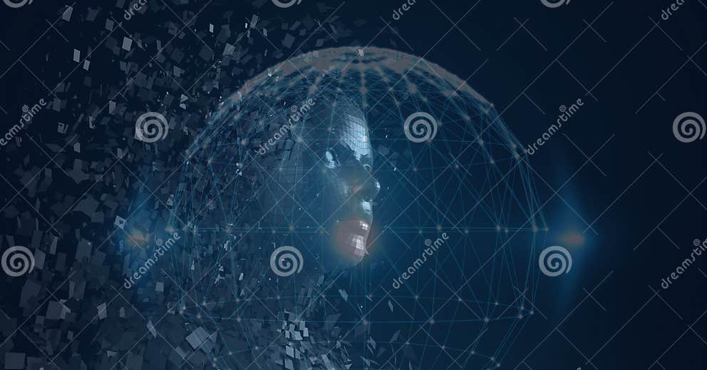 Composition of Exploding Human Bust Formed with Particles and Globe of ...
