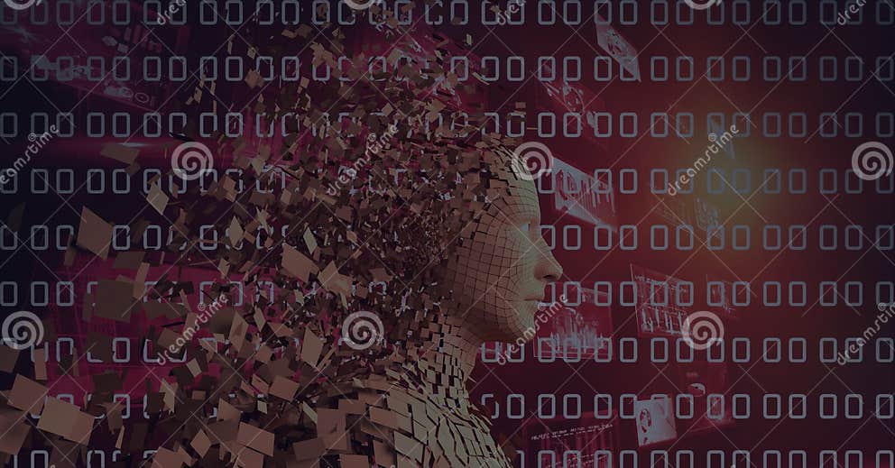 Composition of Exploding Human Bust Formed with Particles Over Binary Coding Stock Illustration ...