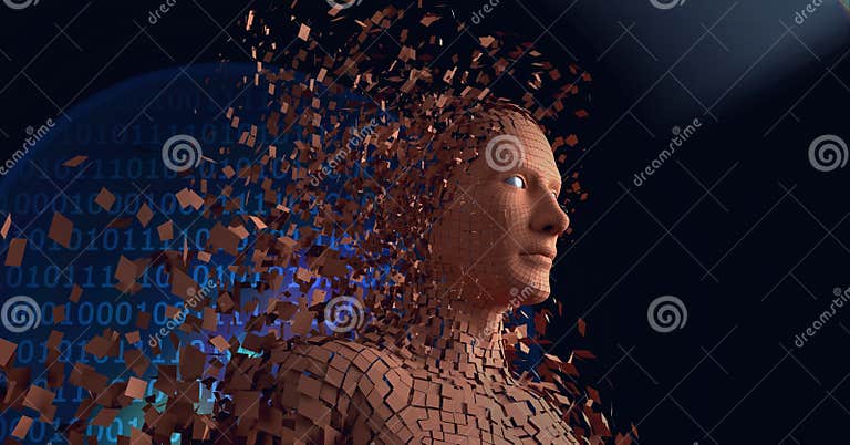 Composition of Exploding Human Bust Formed with Particles Over Globe of ...
