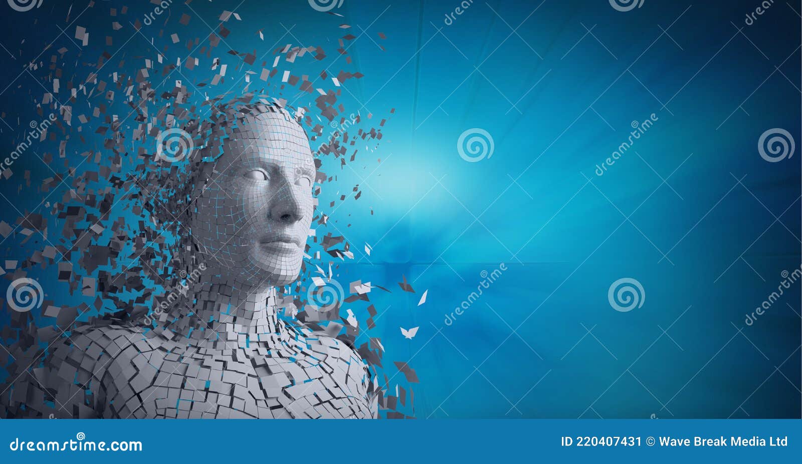 Composition of Exploding Human Bust Formed with Particles Over Glowing ...