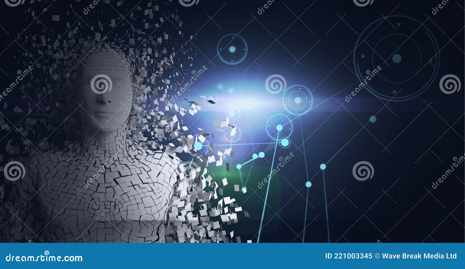 Composition of Exploding Human Bust Formed with Particles Over Network ...