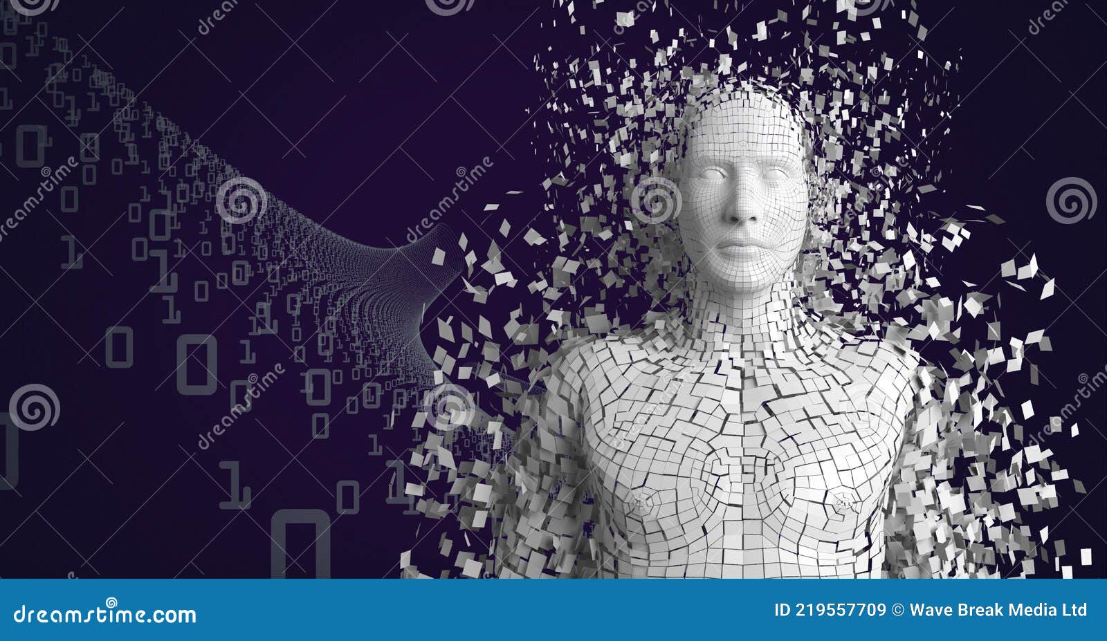 Composition of Exploding Human Bust Formed with White Particles and Binary Coding Stock ...
