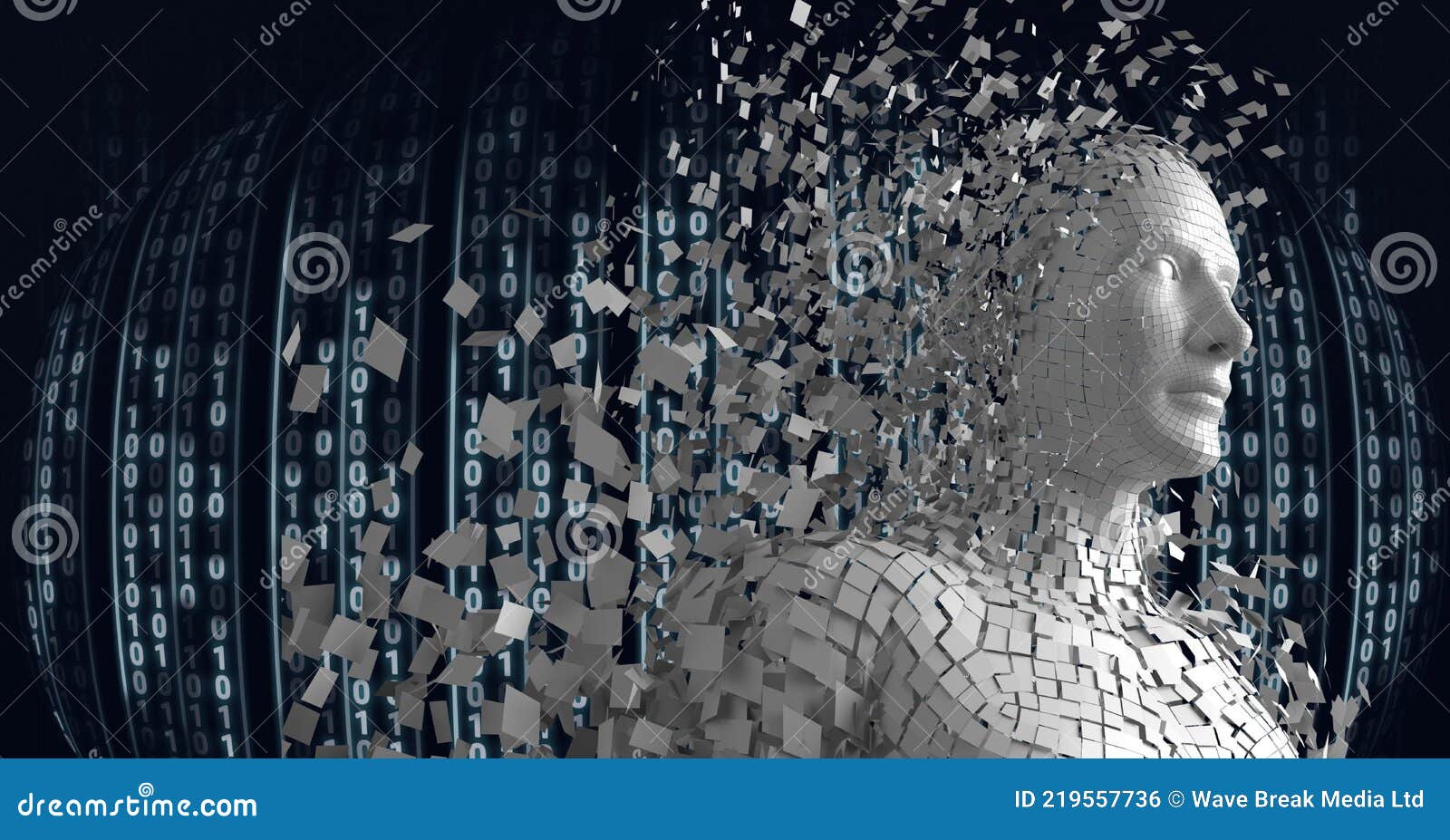 Composition Of Exploding Human Bust Formed With White Particles And Binary Coding Stock