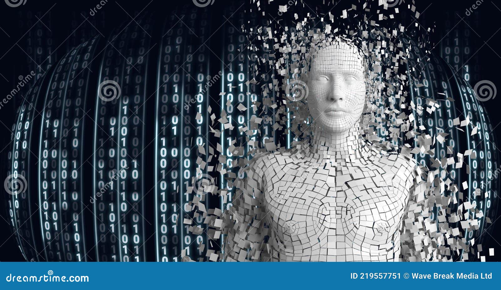 Composition of Exploding Human Bust Formed with White Particles and Binary Coding Stock ...