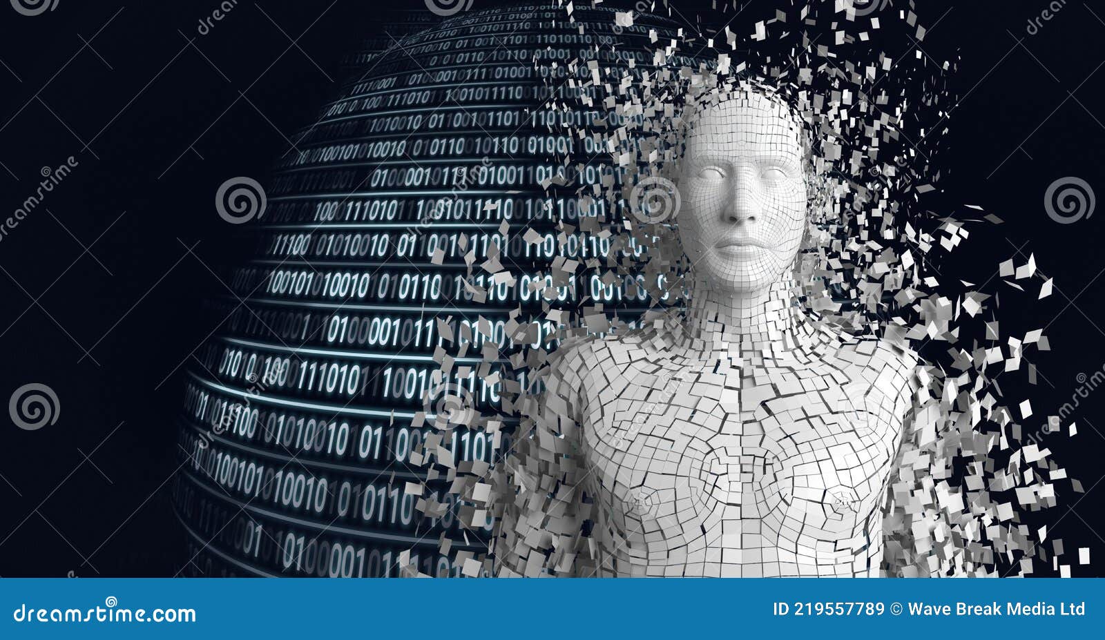 Composition Of Exploding Human Bust Formed With White Particles And Binary Coding Stock