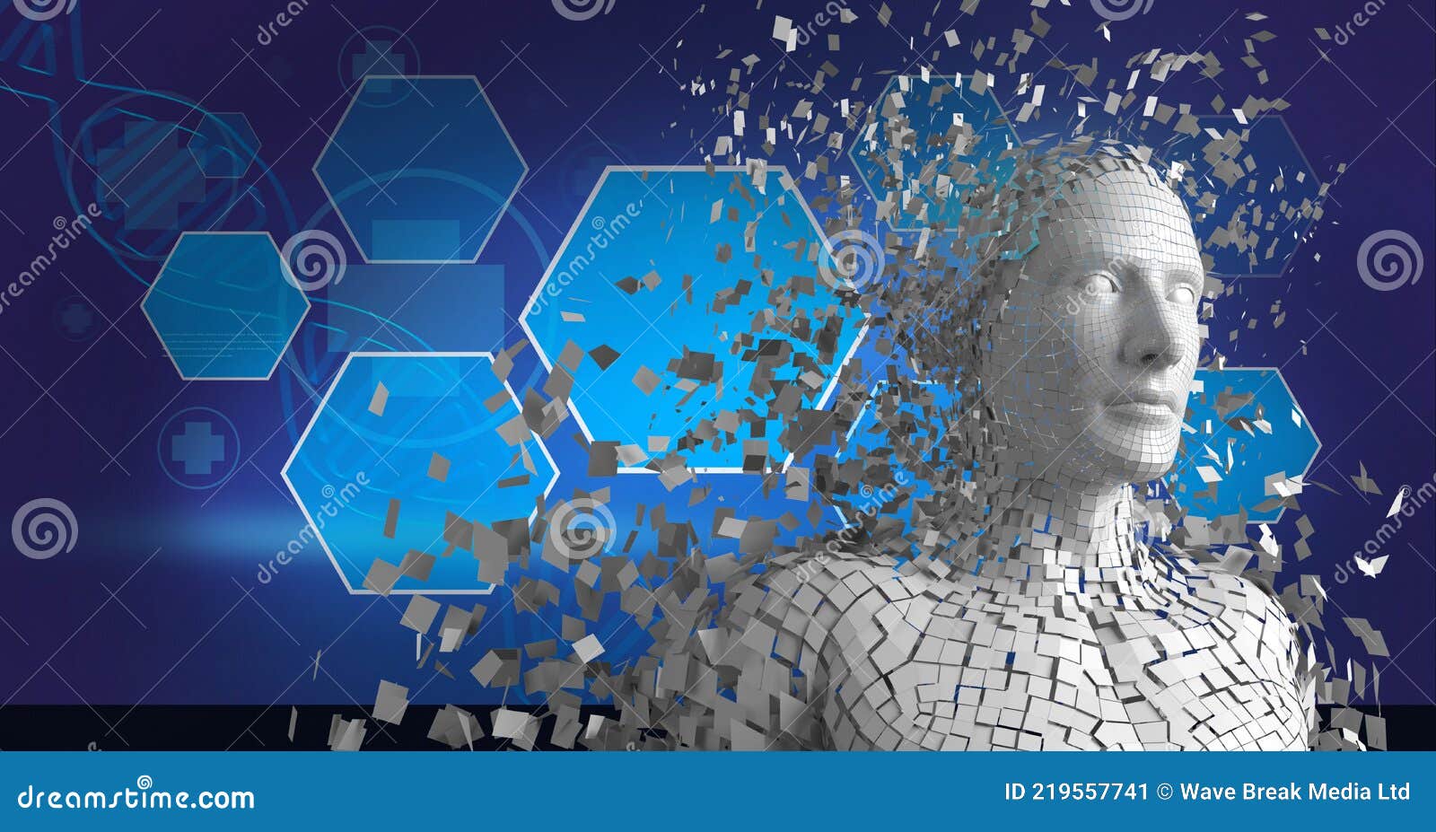 Composition of Exploding Human Bust Formed with White Particles and Dna ...