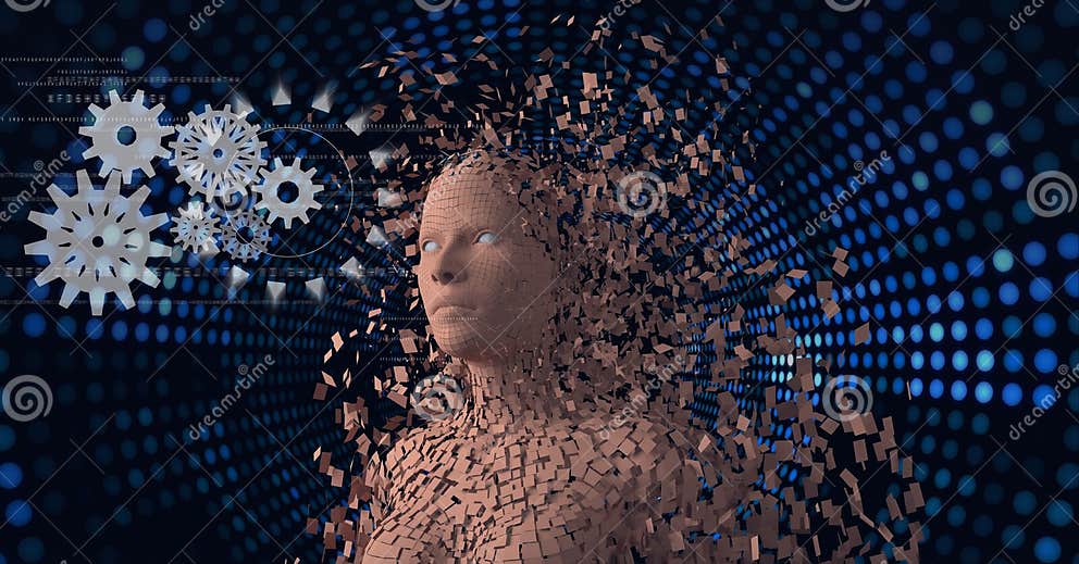 Composition of Exploding Human Digital Bust Over Cogs and Rows of Blue ...