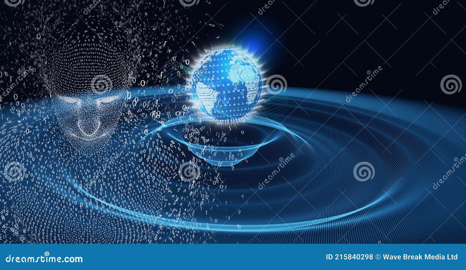Composition Of Exploding Human Digital Head With Binary Coding Processing And Glowing Globe