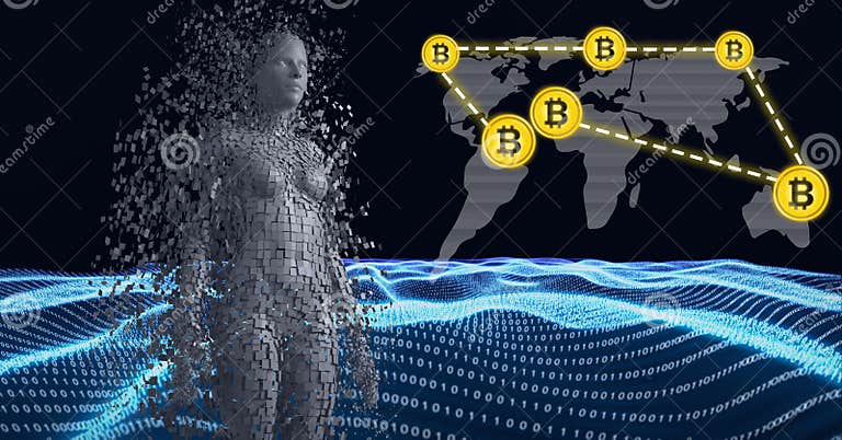Composition of Female Digital Model Over Network of Bitcoin Icons and ...