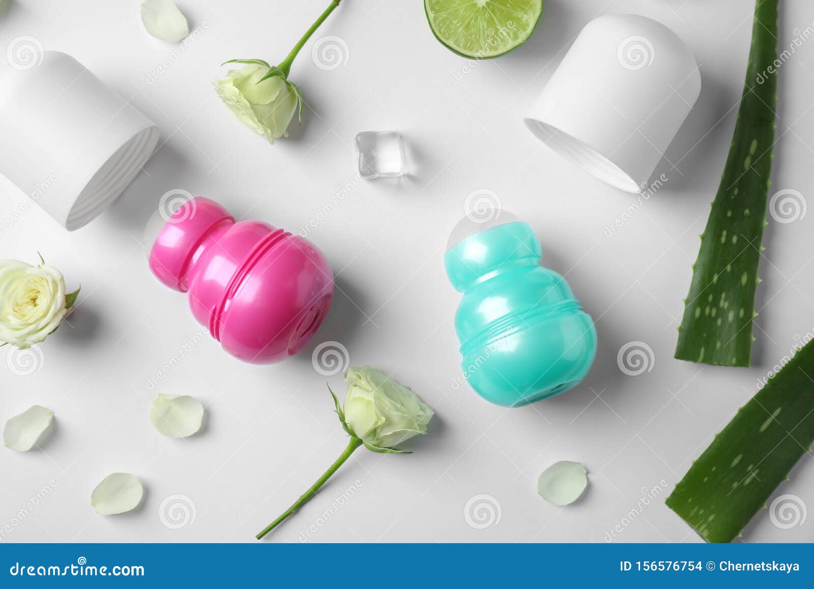 Composition with Roll-on Deodorants on White Background, Top View Stock ...