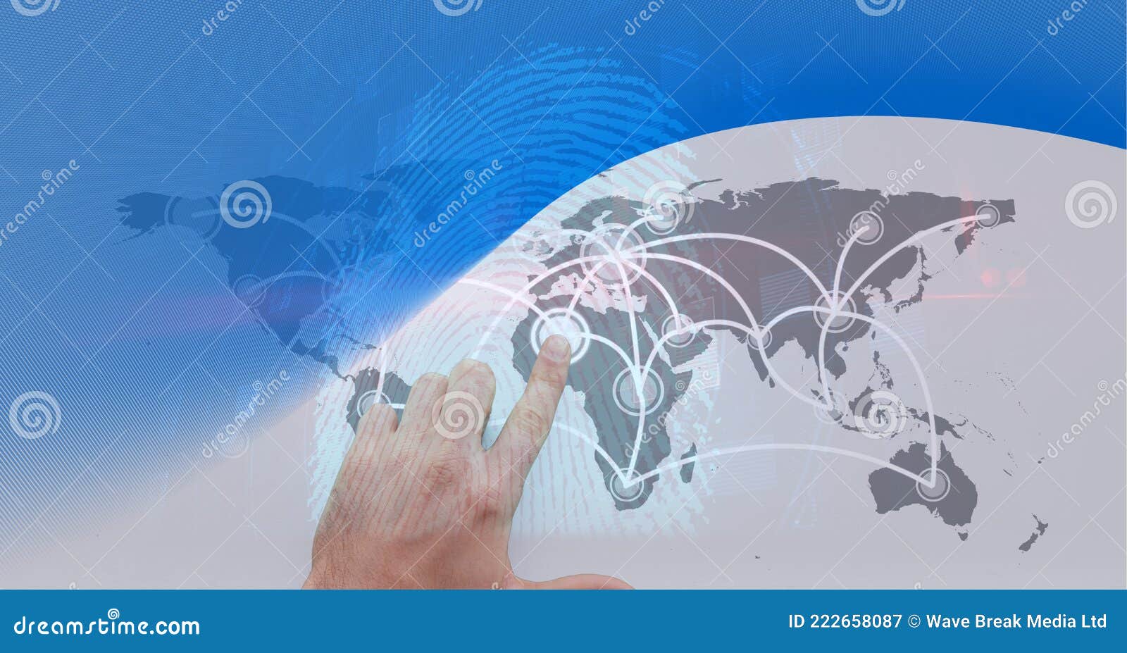 Composition of Finger Touching Interactive World Map Stock Image ...