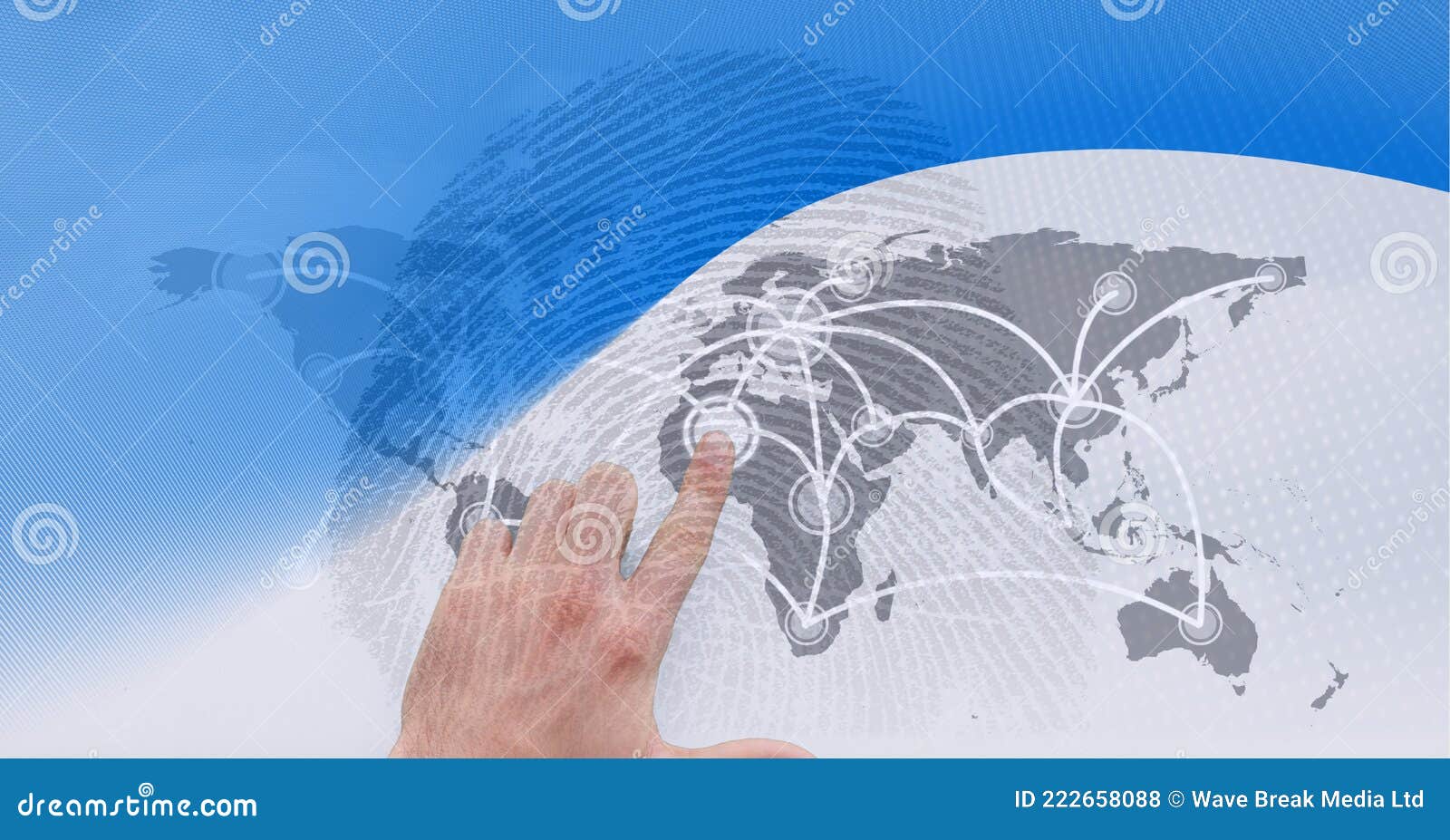 Composition of Finger Touching Interactive World Map Stock Photo ...