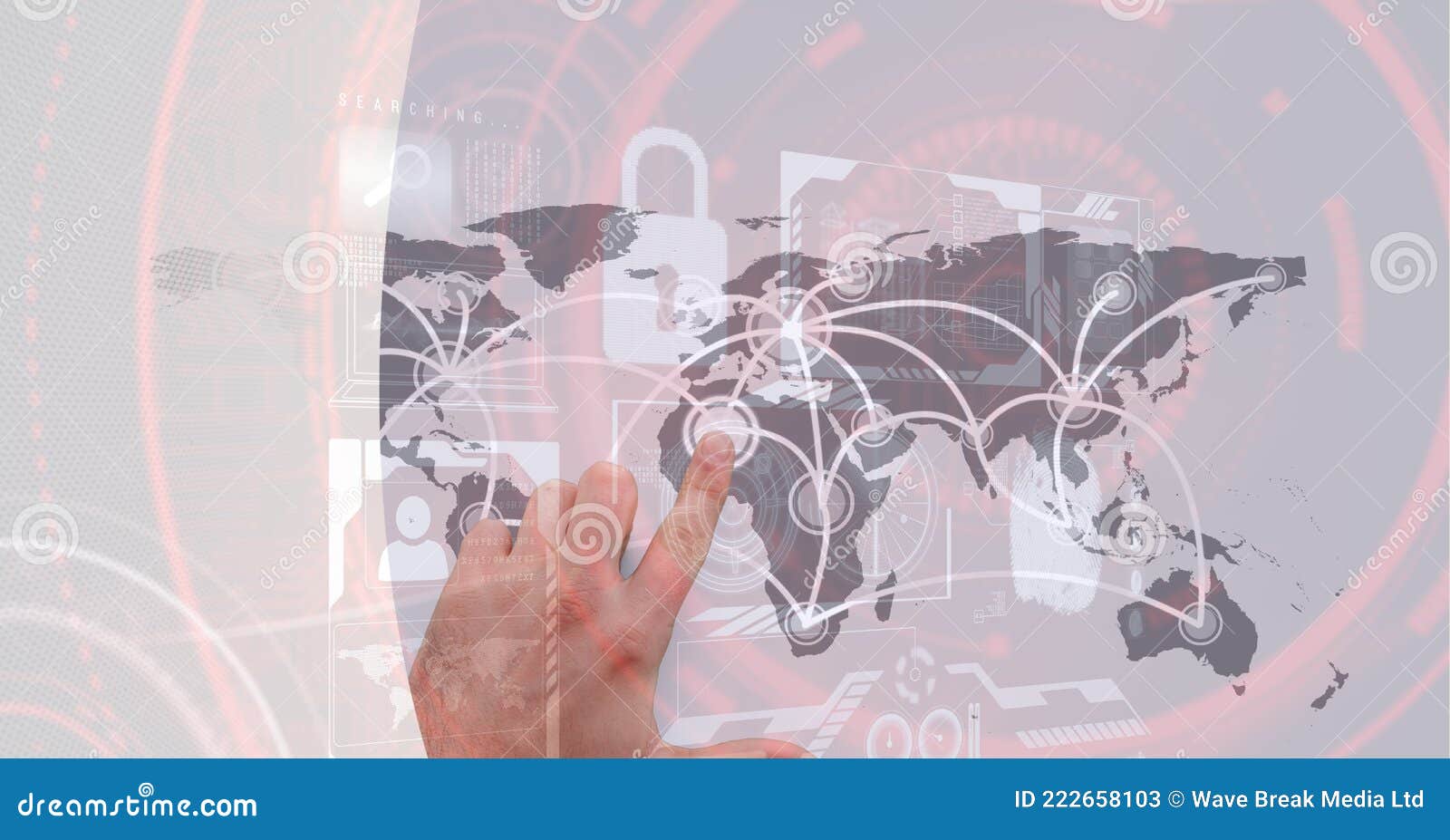 Composition of Finger Touching Interactive World Map Stock Image ...
