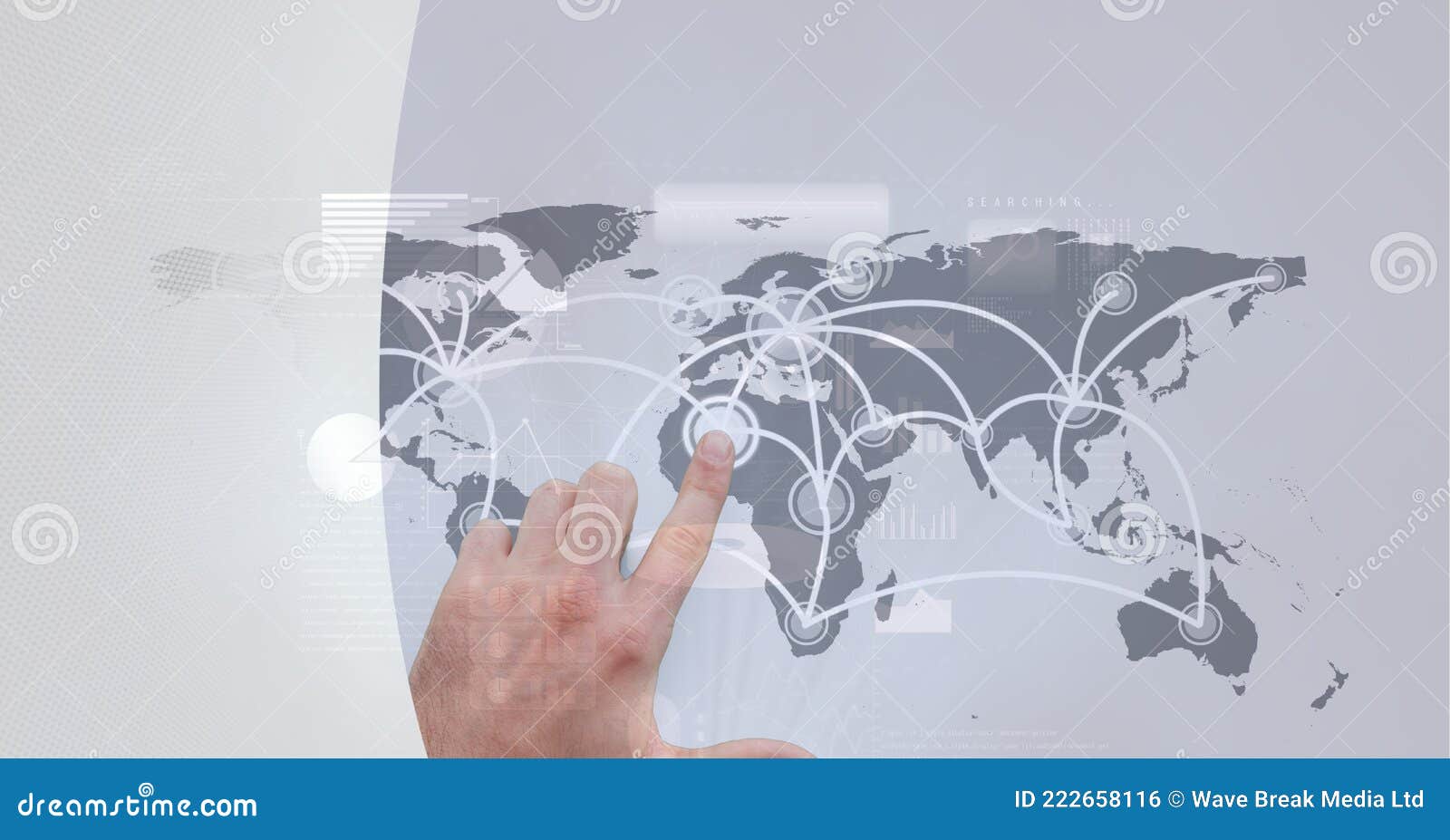 Composition of Finger Touching Interactive World Map Stock Photo ...