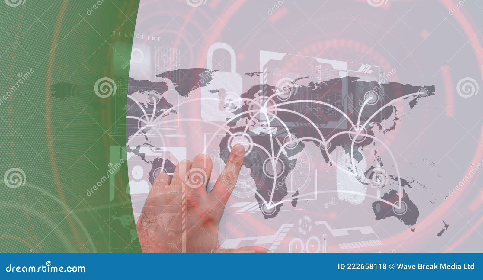 Composition of Finger Touching Interactive World Map Stock Photo ...