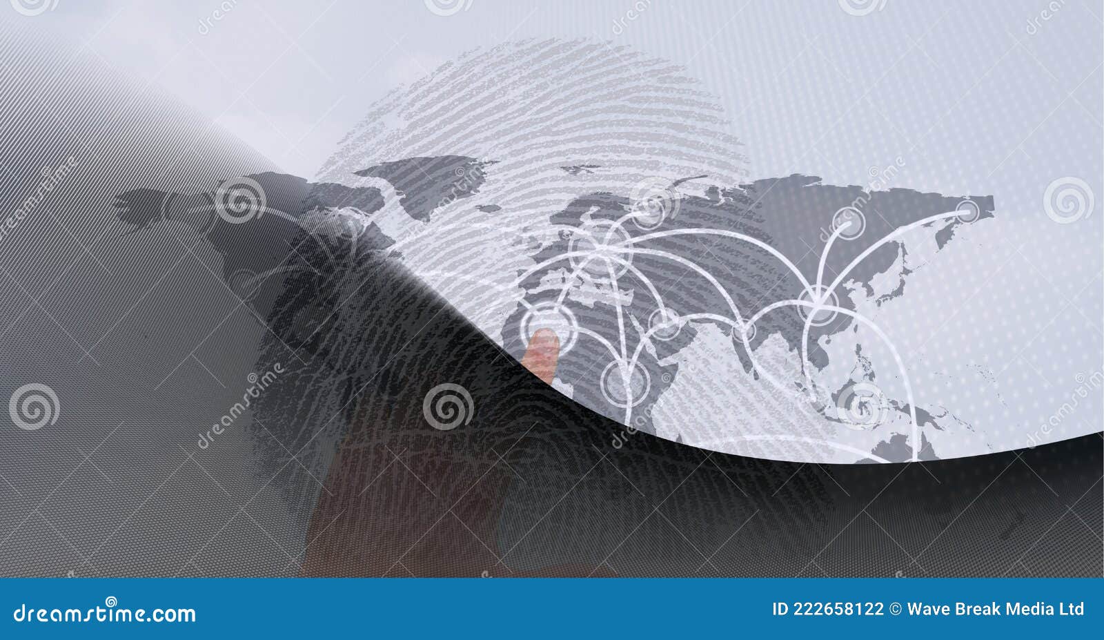 Composition of Finger Touching Interactive World Map Stock Photo ...
