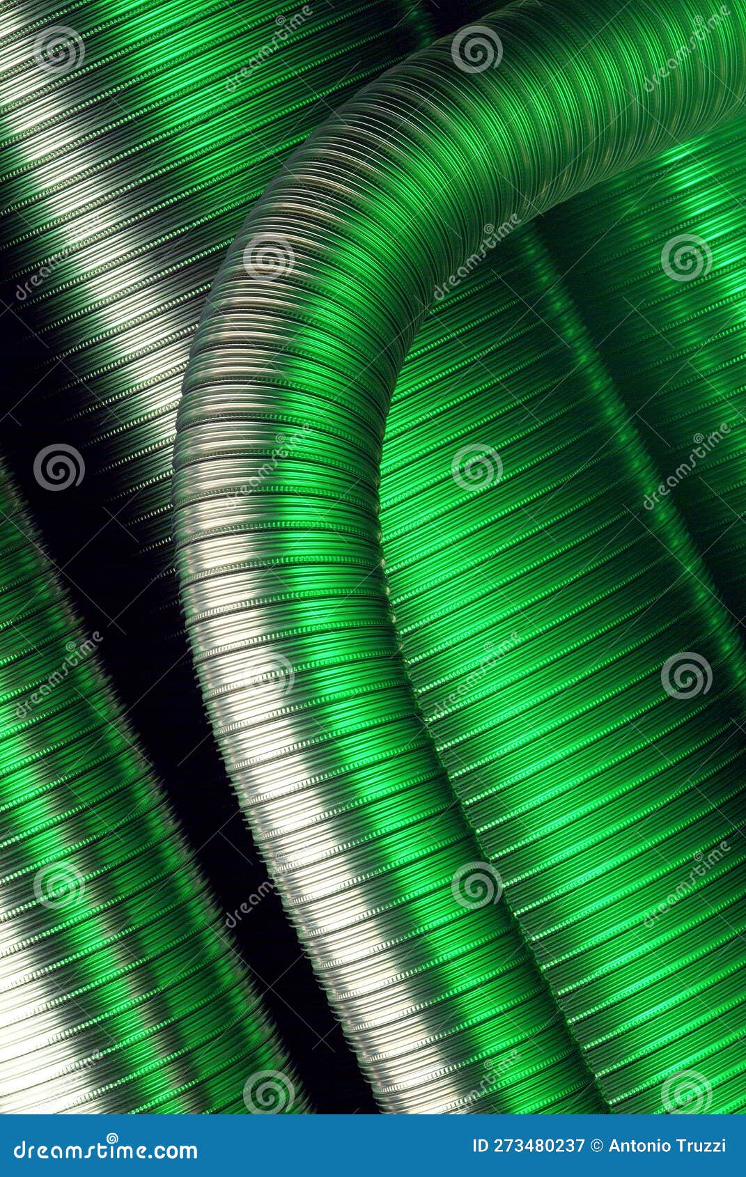 Composition of Flexible Steel Pipes with Green Reflections Stock Image ...