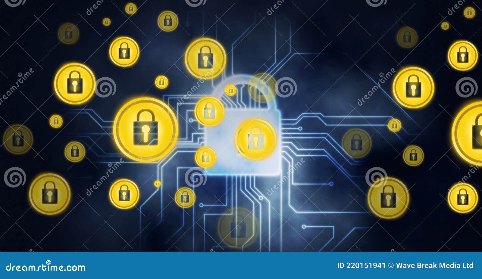 Composition of Floating Yellow Padlock Icons Over Glowing White Padlock ...