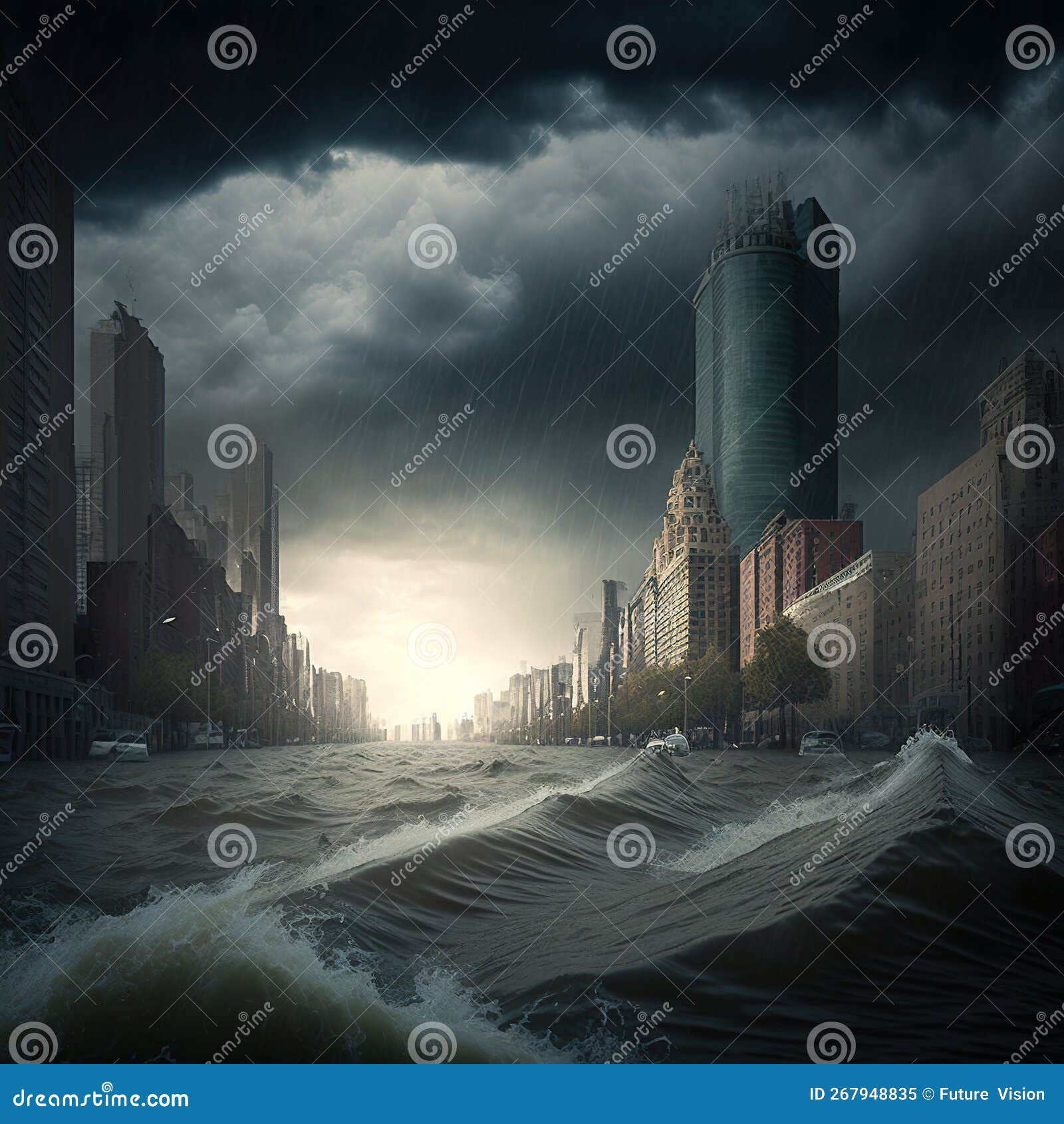 Composition of Flooding Cityscape with Waves and Rain Created Using ...