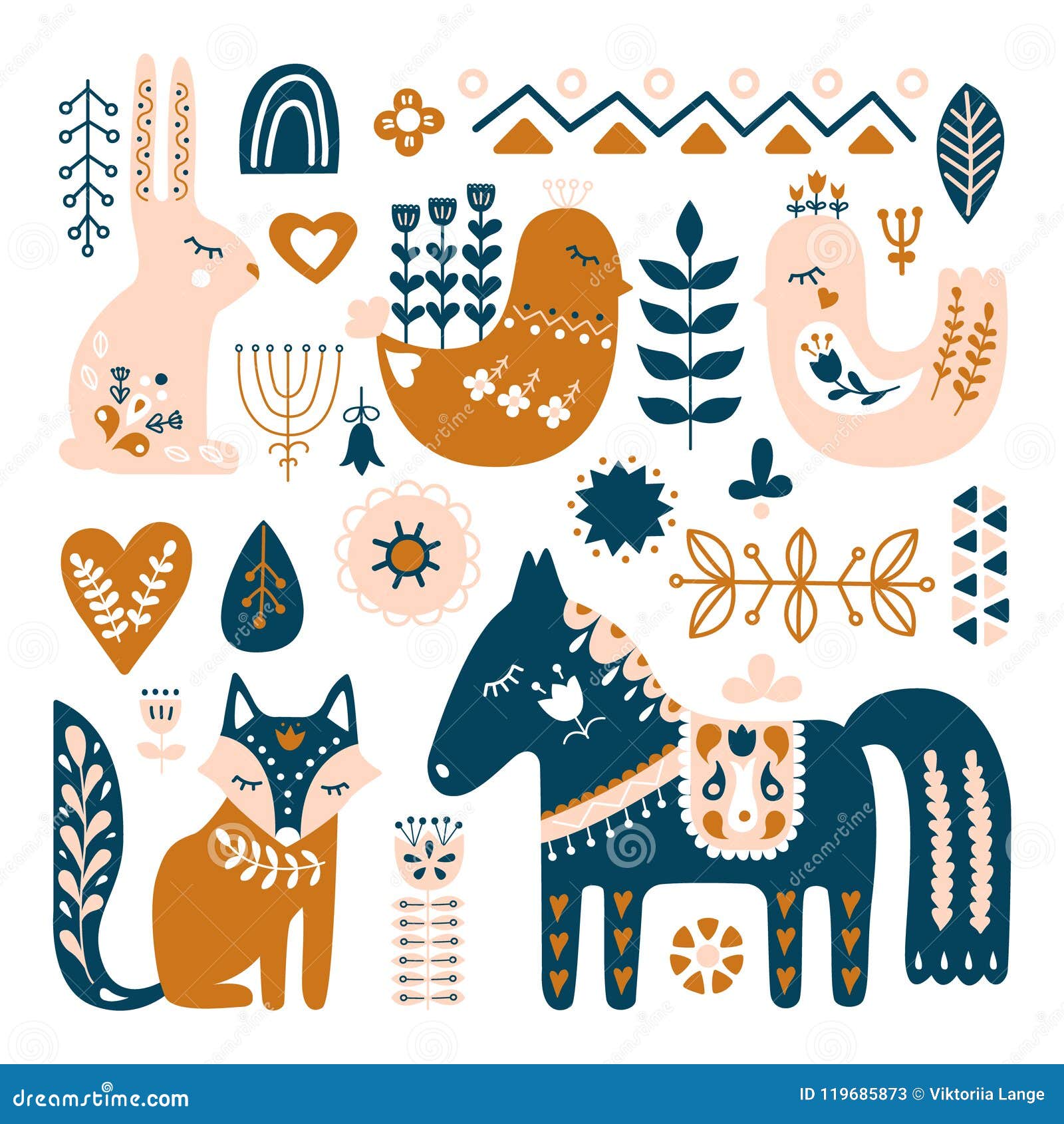 Composition with Folk Art Animals and Decorative Elements. Stock Vector ...