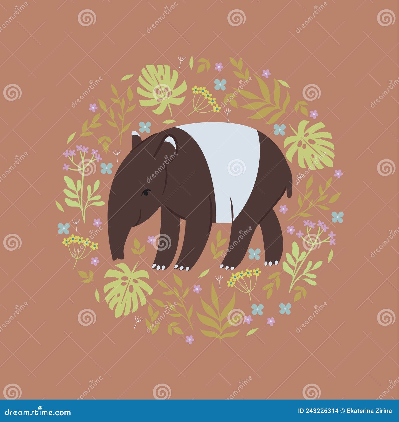 Composition in the Form of a Circle with Tapirs, Leaves and Flowers ...