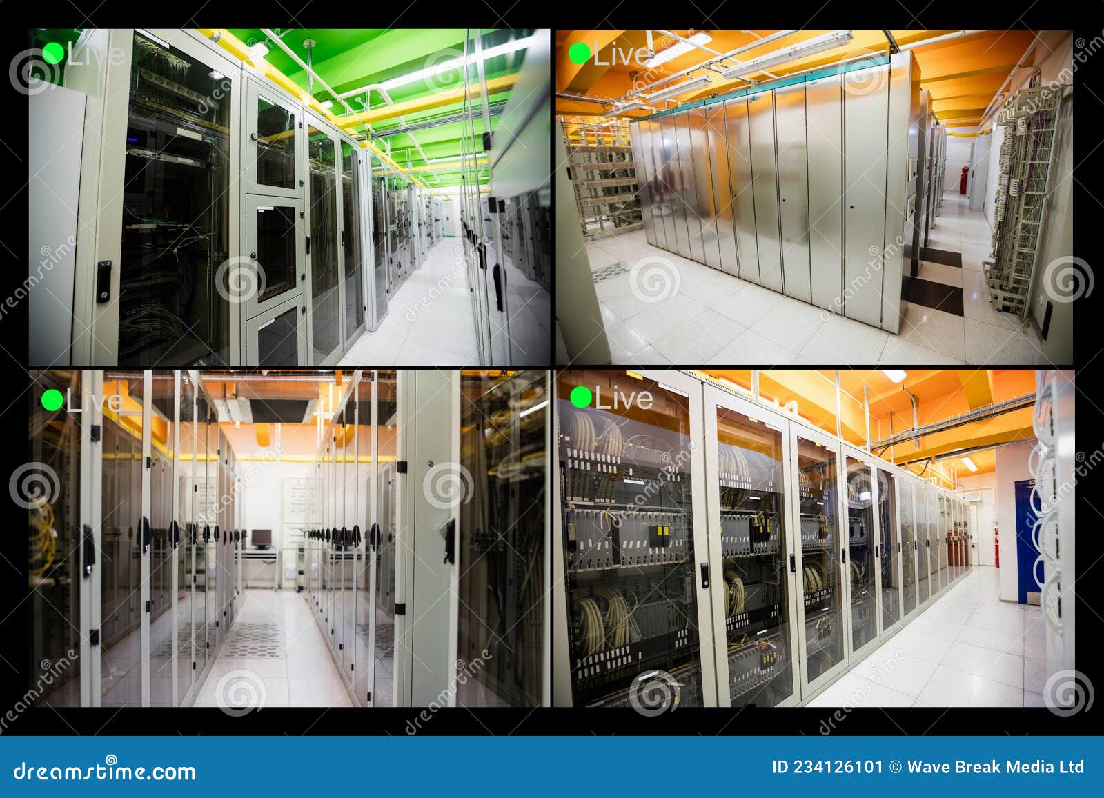 Composition of Four Security Camera Screens with Live Text and Computer ...