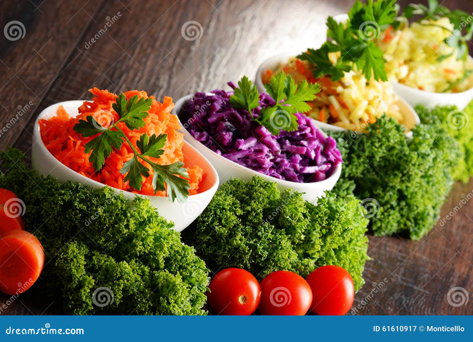 Composition with Four Vegetable Salad Bowls on Wooden Table Stock Image ...