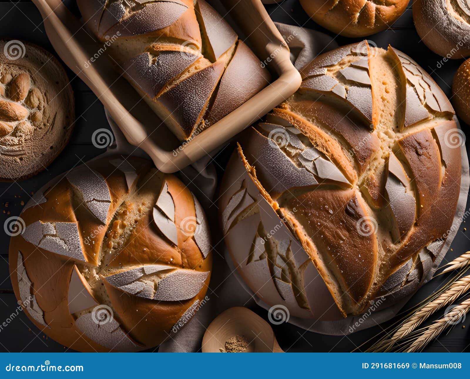Composition of Fresh Bread on Dark Background. Top View Stock ...