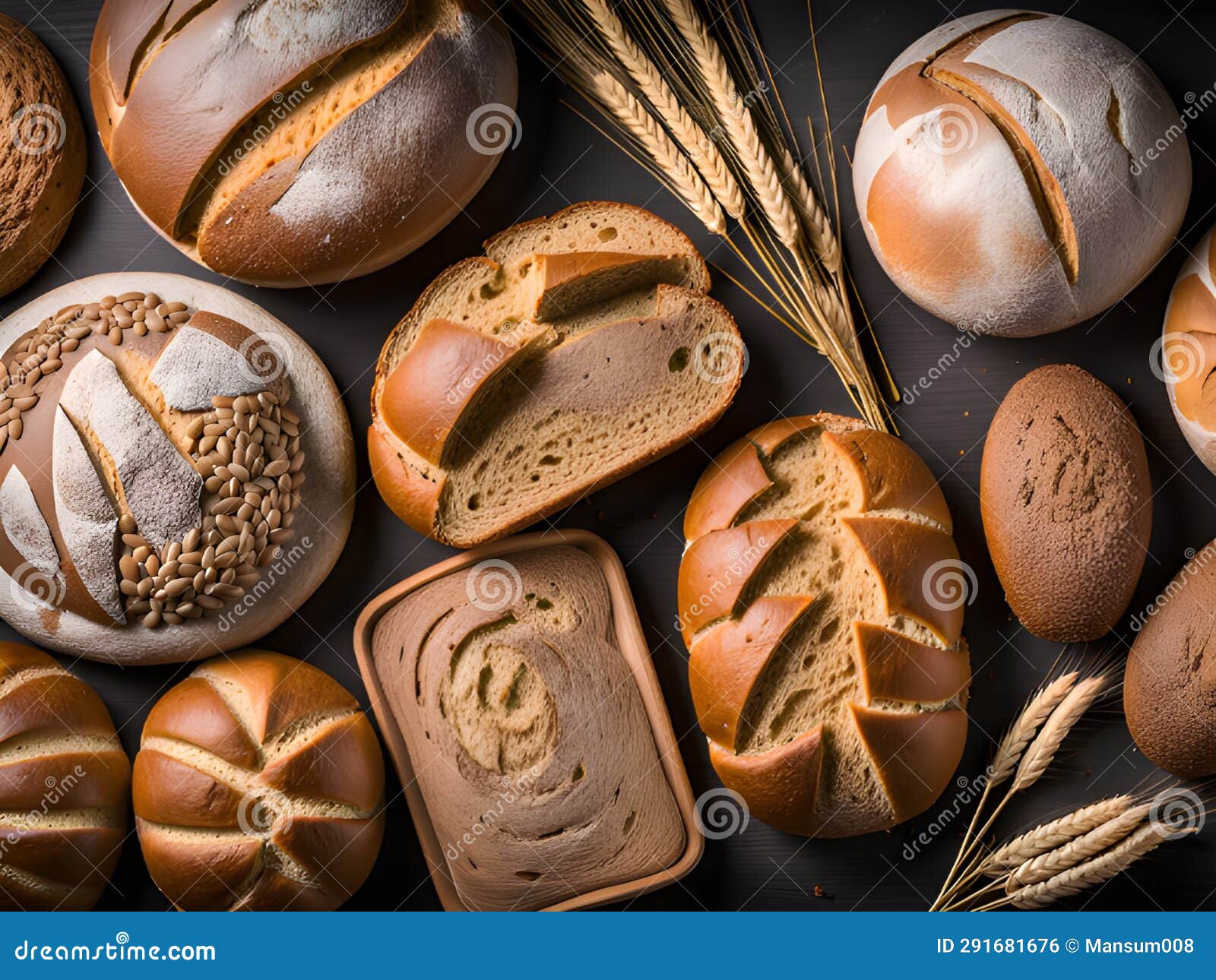 Composition of Fresh Bread on Dark Background. Top View Stock ...