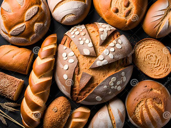 Composition of Fresh Bread on Dark Background. Top View Stock ...