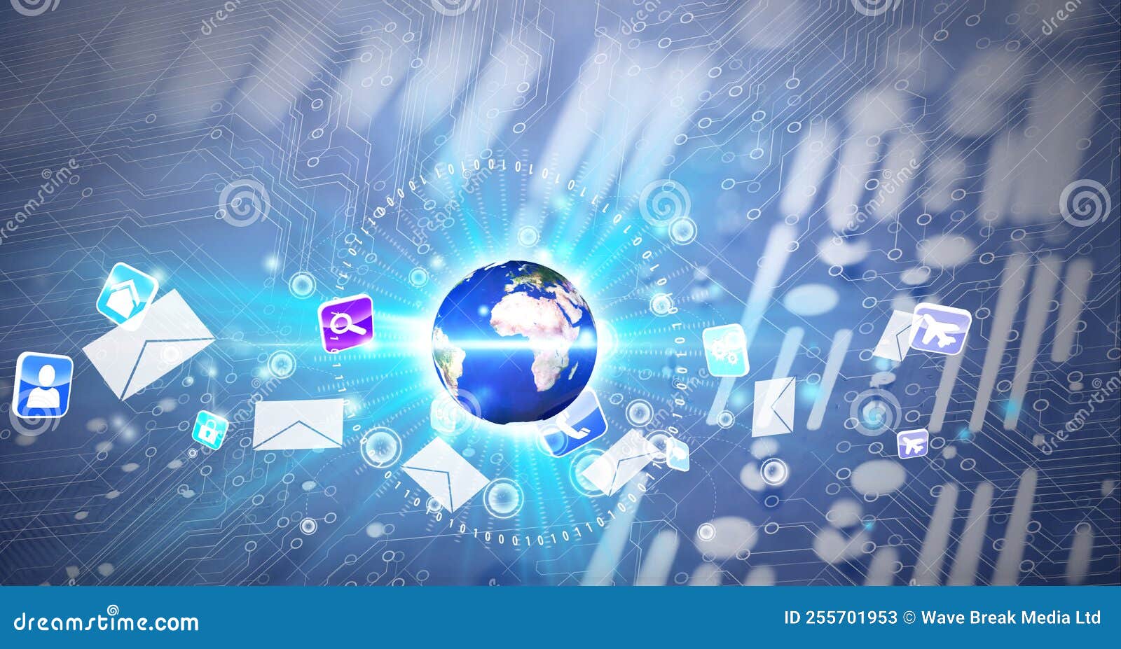 Composition Of Globe And Digital Icons Over Computer Circuit Board Stock Illustration