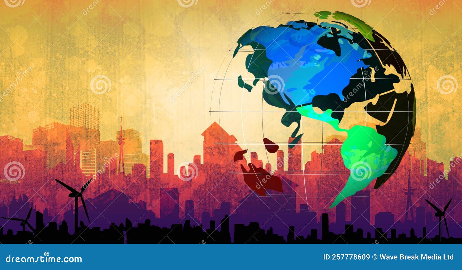 Composition of Globe with Wind Turbine and Cityscape Stock Image ...