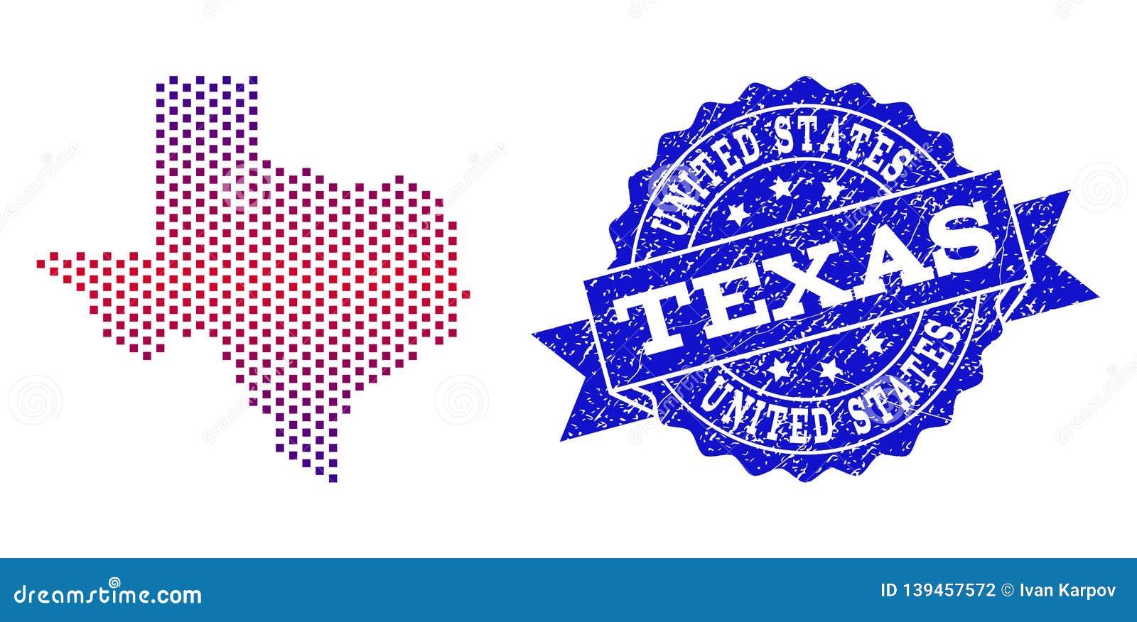 Composition of Gradiented Dotted Map of Texas State and Grunged Stamp ...