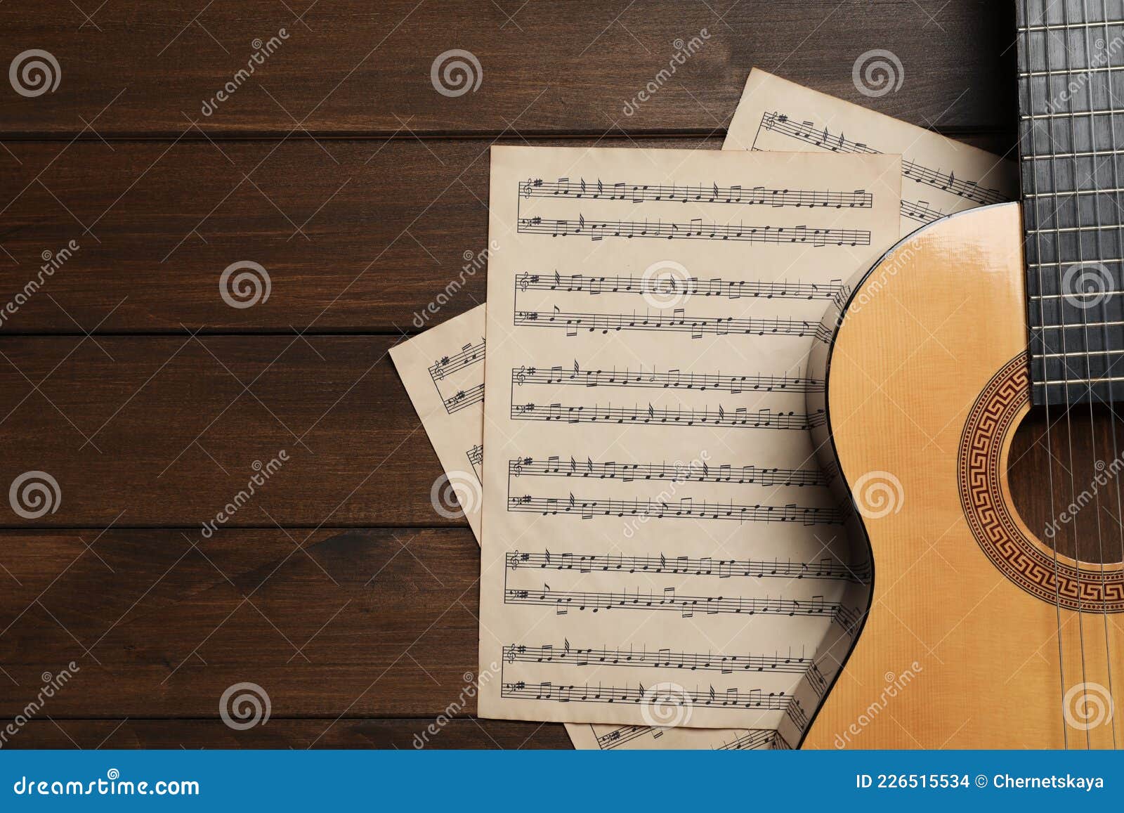 Composition with Guitar and Music Notations on Table, Flat Lay. Space ...