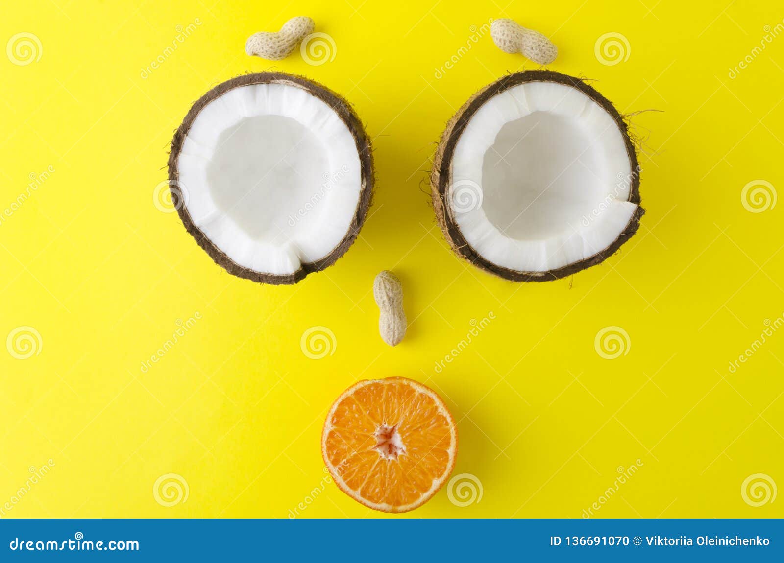 Composition of Halfs Coconuts,orange and Peanuts Making Funny, Smiling ...