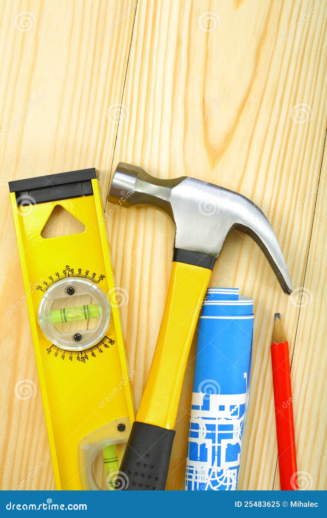Composition of Hammer Blueprint Pencil and Level Stock Image - Image of ...