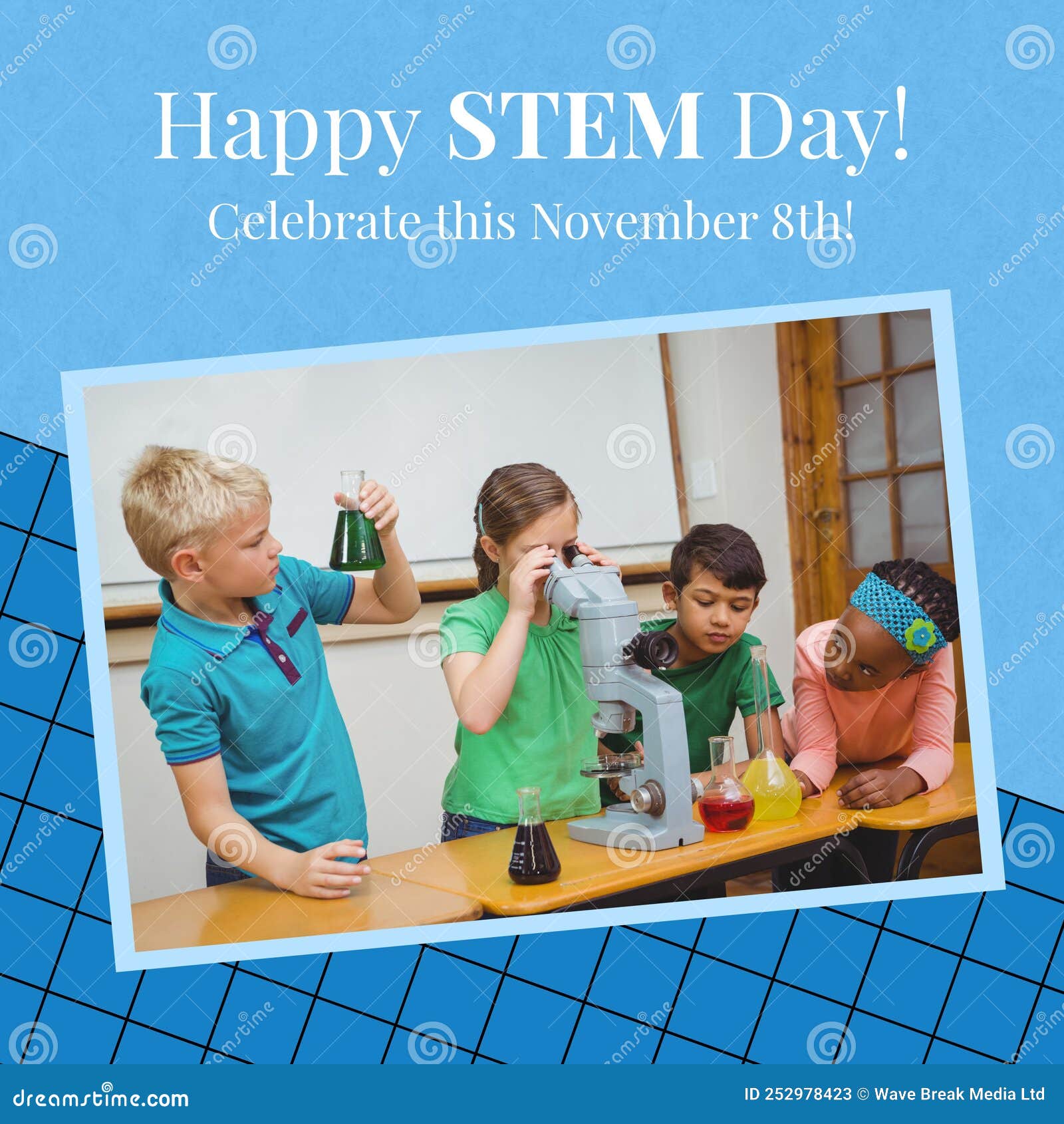 Composition of Happy Stem Day Text and Photo of Diverse School Children ...