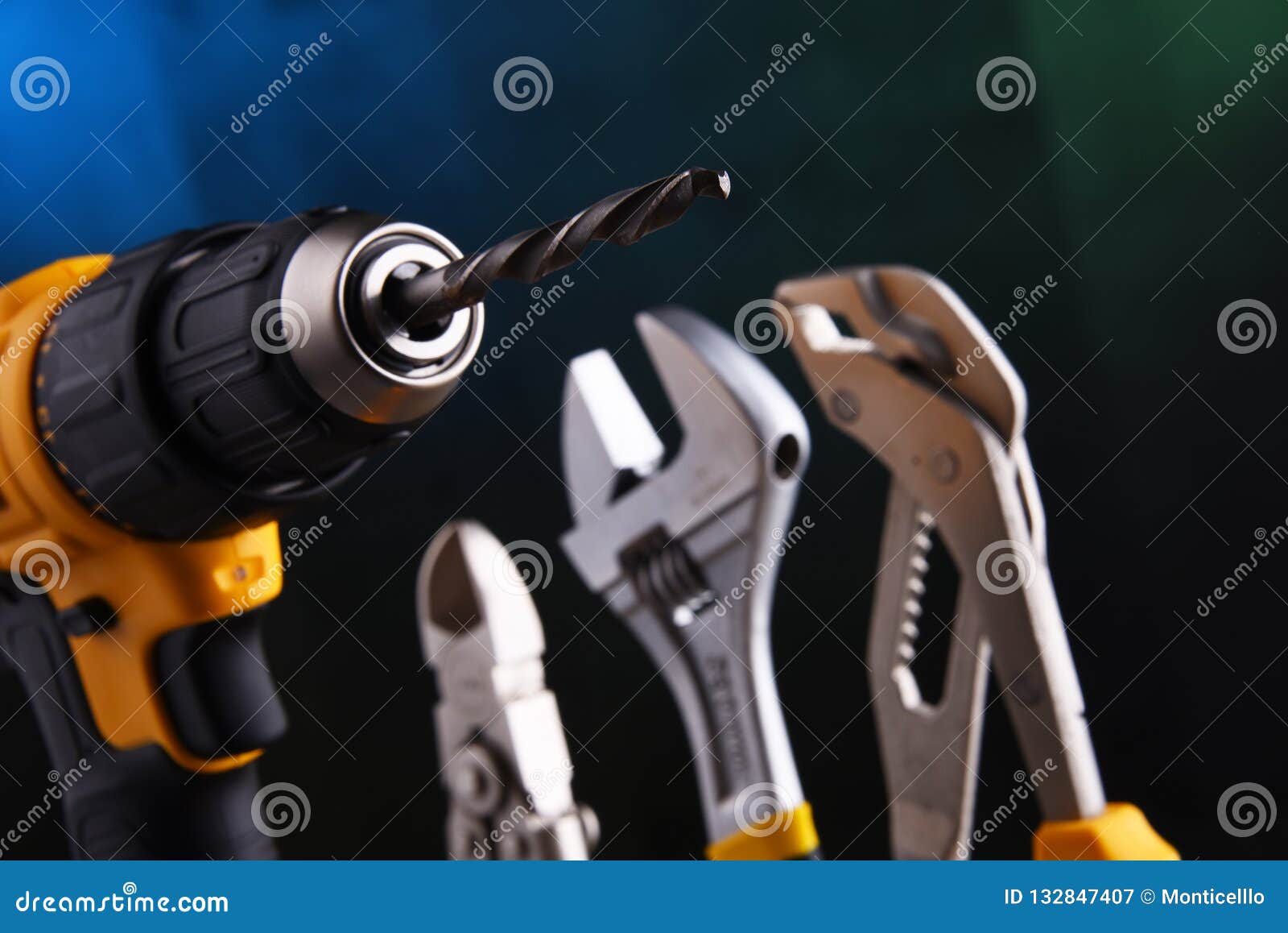 Hardware Tools Including Cordless Drill and Monkey Spanner Stock Image ...