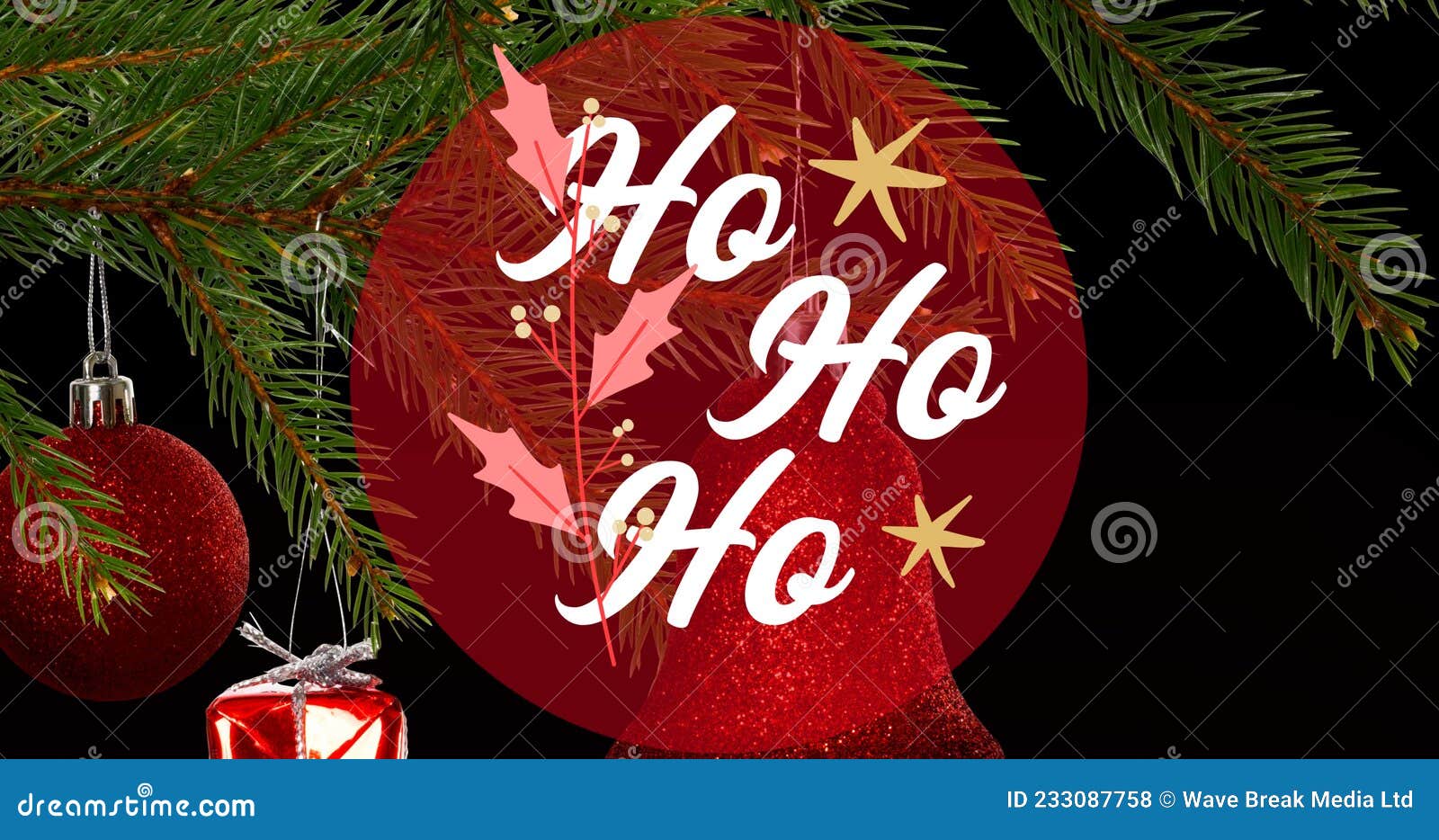 Composition of Ho Ho Ho Text Over Baubles on Christmas Tree Stock ...